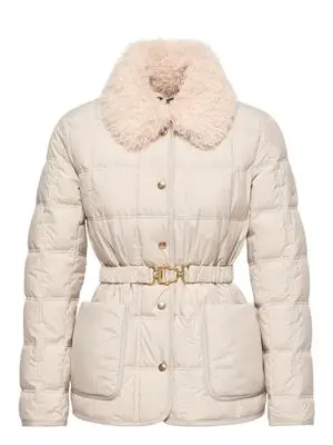 Moncler Cygnes Belted Short Down Jacket With Textured Maxi Collar - Beige