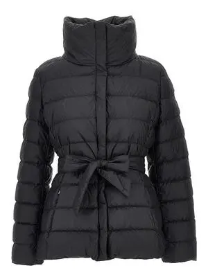 Max Mara Padded Nylon Down Jacket With Stand Collar And Belt - Black