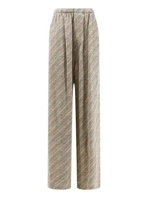 Balenciaga Monogram Silk Wide Leg Trousers - Beige