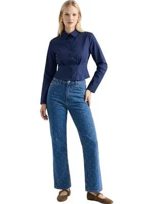 EXQUISE Lilyy High Waisted Wide Leg Embellished Denim Jeans - Navy