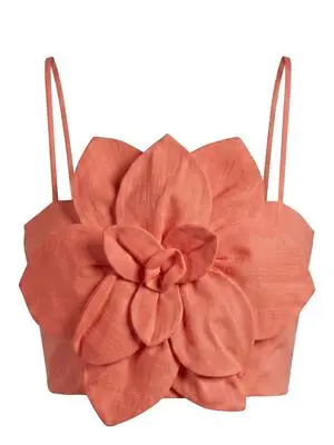Yumi Kim Tangerine Linen Top With 3d Flower Embellishment - Orange