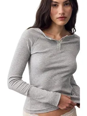 Free People Ribbed Henley Long Sleeve Top - Medium Heather Grey