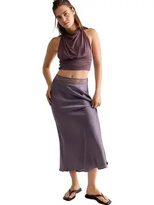 Free People Valeria Satin Slip Midi Skirt With Lace Waistband - Grey