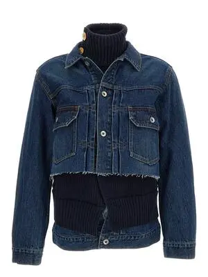 Sacai Hybrid Denim And Wool-knit Jacket - Blue