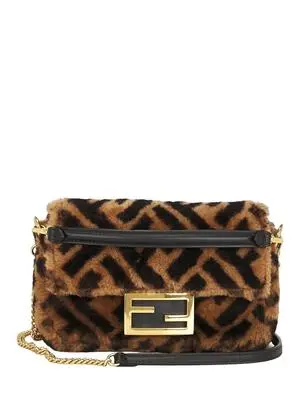 Fendi Shearling Mini Baguette Shoulder Bag - Brown