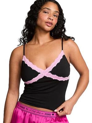Pink Modal Lace-trim Cami - Black