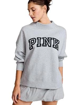 Pink Oversized Mock Neck Fleece Sweatshirt - Grey