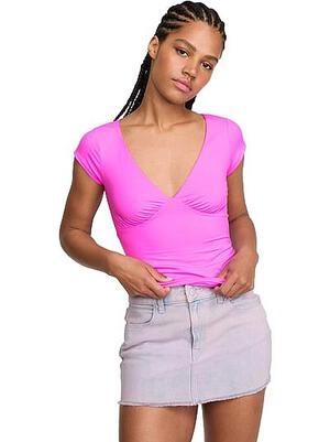 Pink Base Stretch™ Plunge Top With Cap Sleeves - Pink