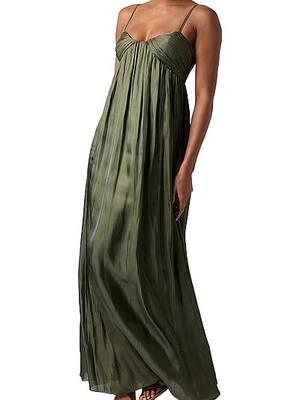 Victoria's Secret Ruched Bodice Maxi Dress With Adjustable Straps And Lace-up Back - Green