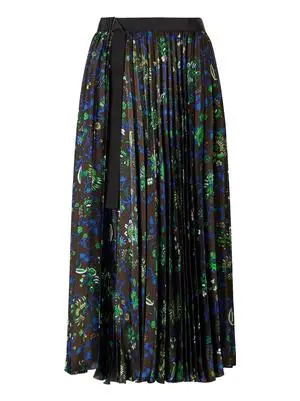 Sacai Floral-print Pleated Georgette Midi Skirt With Grosgrain Belt - Black