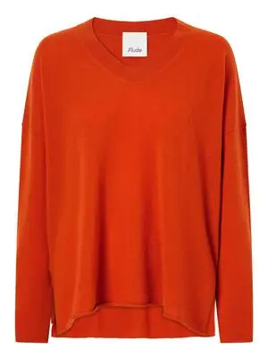 ALLUDE Cashmere V-neck Sweater With Raw Cut Edges - Orange