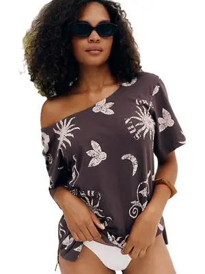 CELANDINE Asymmetrical One-shoulder Printed T-shirt - Black Pattern