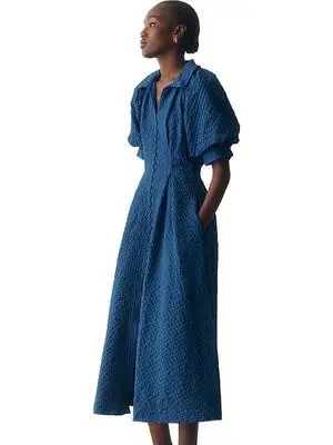 English Factory Puff Sleeve Textured Midi Shirtdress - Blue