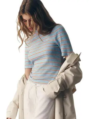 Anthropologie Ribbed Mock-Neck Striped Top Blue Stripe