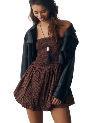 Anthropologie Strapless Smocked Bodice Bubble Dress - Brown Combo
