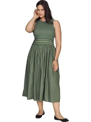 Anthropologie Ribbed Bodice & Poplin Skirt Midi Dress - Green