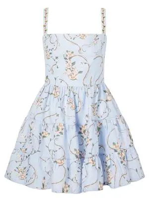 Agua Bendita Lima Floral Linen Mini Dress - Blue