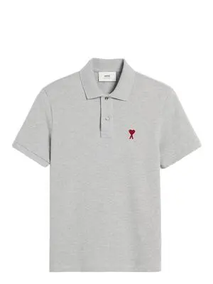AMI Paris De Coeur Logo Embroidered Polo Shirt - Grey