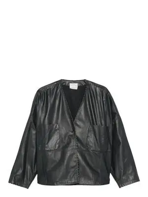 FORTE_FORTE V-neck Leather Jacket With Chest Pocket - Blue
