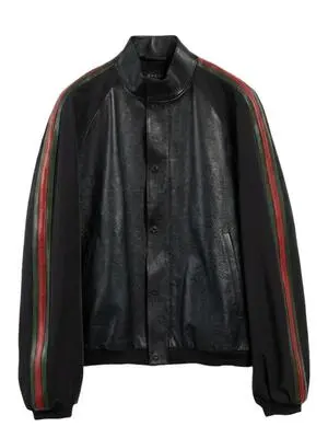 Gucci Leather Bomber Jacket With Web Detail - Black