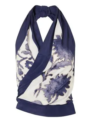 SIR. Printed Silk Blend Halter Camisole - Blue