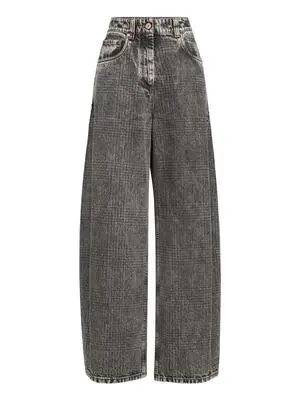 Brunello Cucinelli Prince Of Wales Denim Wide Leg Trousers With Monili - Black