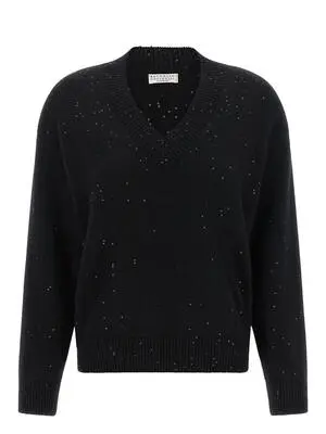 Brunello Cucinelli Cashmere Silk V-neck Sequined Sweater - Black