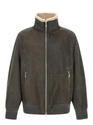 Brunello Cucinelli Lambskin Leather Jacket With Shearling Lining - Gray