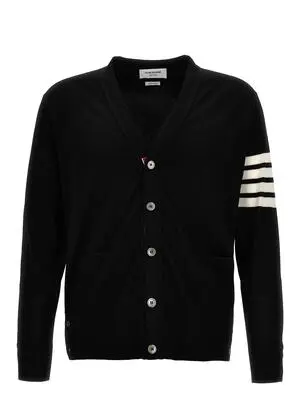 Thom Browne Merino Wool V-neck Cardigan With Signature Stripes - Black
