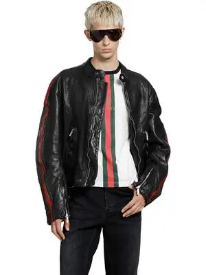 Gucci Buffalo Leather Biker Jacket With Web Stripe Detail - Black