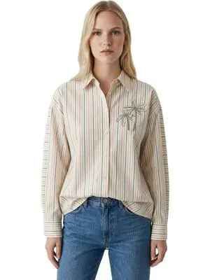 EXQUISE Striped Embroidered Long Sleeve Shirt - Cream