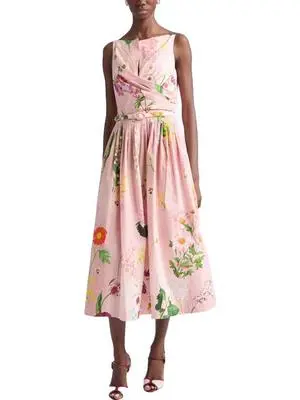 Oscar De La Renta Mixed Botanical Cotton Stretch Poplin Midi Dress - Blush Multi