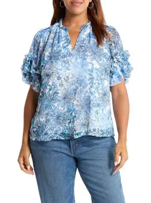 SUGARLIPS Tierra Ruffle Floral V-neck Top - Blues