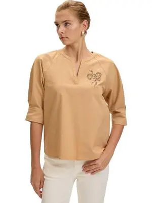 EXQUISE Katharine V-neck Embroidered Blouse - Camel