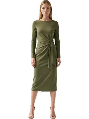 EXQUISE Crew Neck Long Sleeve Knit Midi Dress - Khaki