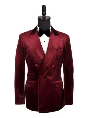 DAVID WEJ Maison Velvet Double Breasted Blazer Burgundy - Red