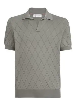 Brunello Cucinelli Cotton Textured Argyle Lightweight Knit Polo Shirt - Gray