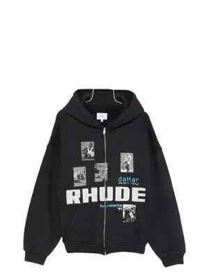 Rhude Long-sleeved Zip-up Hoodie With Graphic Print - Black