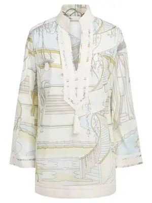 Tory Burch Tory Burch Printed Plunge-Neck Mini Dress Beige