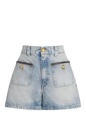 Sandro Light Wash Denim Shorts With Leather Trim - Blue