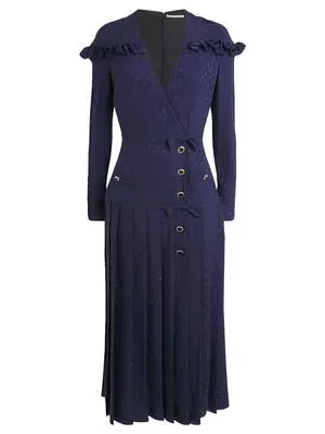 Alessandra Rich Silk Pleated Midi Dress - Navy