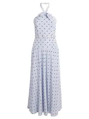 Alessandra Rich Silk Halterneck Midi Dress With Bow And Polka Dots - Blue