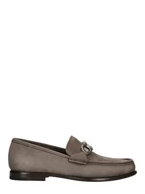 FERRAGAMO Nubuck Leather Avril Loafers With Gancini Hardware - Brown