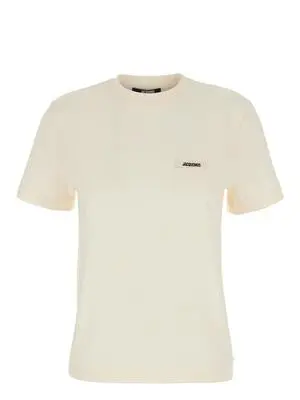Jacquemus Cotton Crewneck T-shirt With Logo Patch - Cream