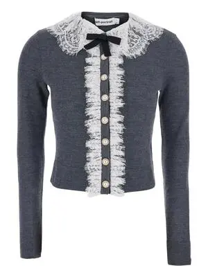 SELF-PORTRAIT Wool Cardigan With Lace Collar - Multicolor