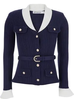 SELF-PORTRAIT Ribbed Cardigan With Belt And V-neck - Multicolor