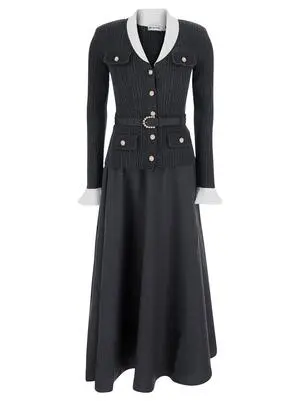 SELF-PORTRAIT Ribbed Long Sleeve V-neck Dress With Belted Waist - Multicolor