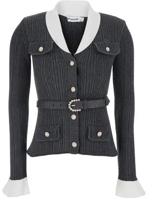 SELF-PORTRAIT Ribbed Knit Cardigan With Belt - Multicolor