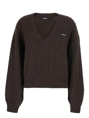 ROTATE BY BIRGER CHRISTENSEN ROTATE Brown Wool And Cashmere V-Neck Cable Knit Sweater Multicolor