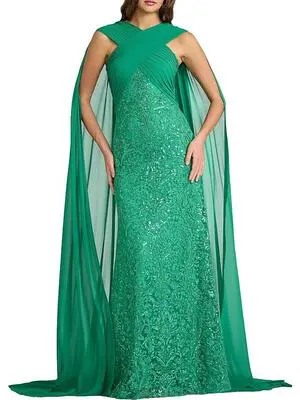 Tadashi Shoji Sequin Embroidered Cape Gown - Ancient Jade